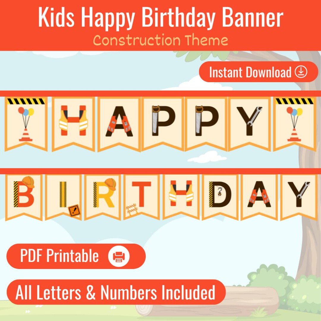 Construction Theme Happy Birthday Banner | Printable PDF | Kids Party ...