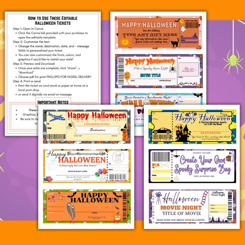 Editable Halloween Tickets Printable | Spooky Movie Night Gift Vouchers ...