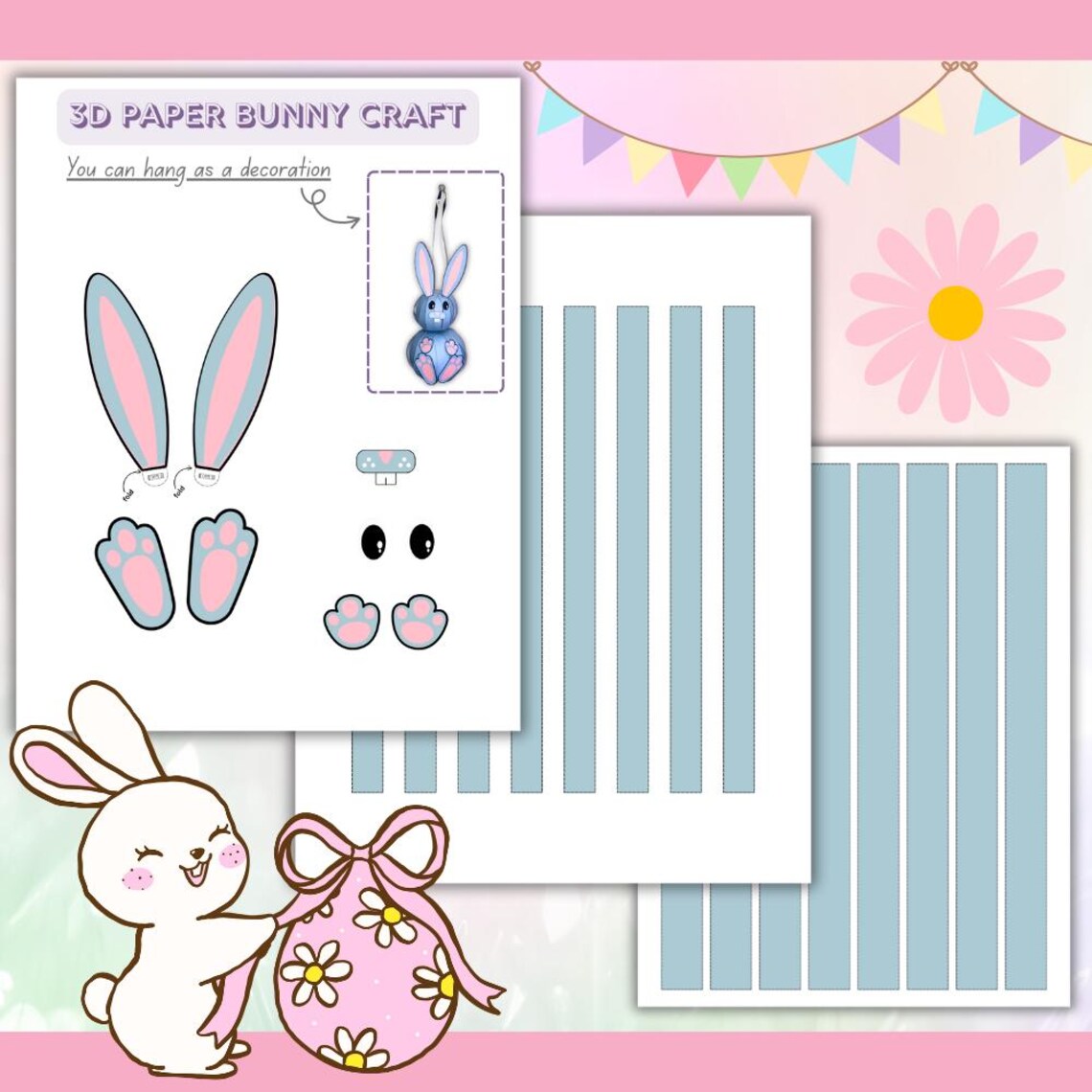 3D Paper Bunny Craft Printable - Easter Decoration DIY, Kids Spring ...