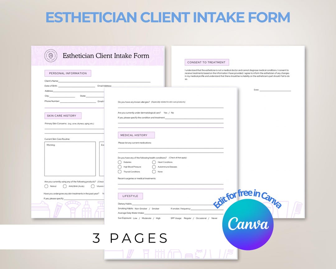 Esthetician Client Intake Form Canva | Editable Skin Care Client Form ...