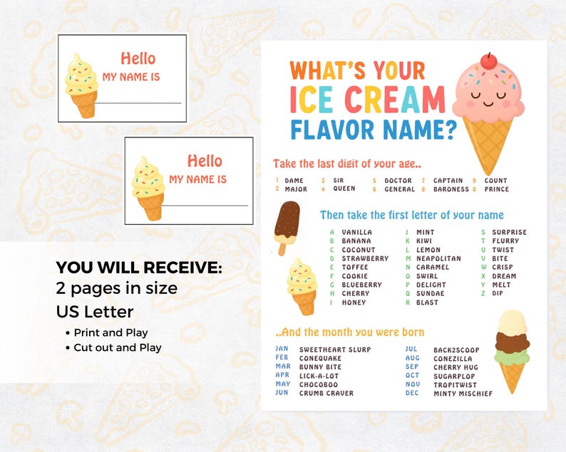 Ice Cream Name Game & Name Tags Printable, Summer Party Activity for ...
