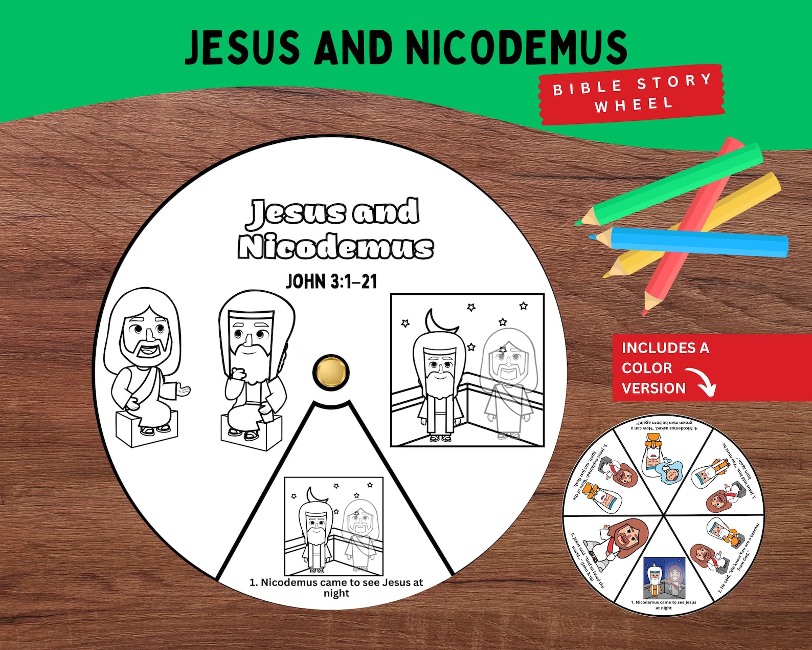 Jesus and Nicodemus Coloring Wheel – John 3 for Kids – Born Again Bible ...