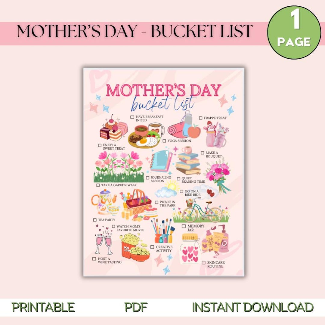 Mother's Day Bucket List Printable | 1 Page PDF | Activities for Mom ...