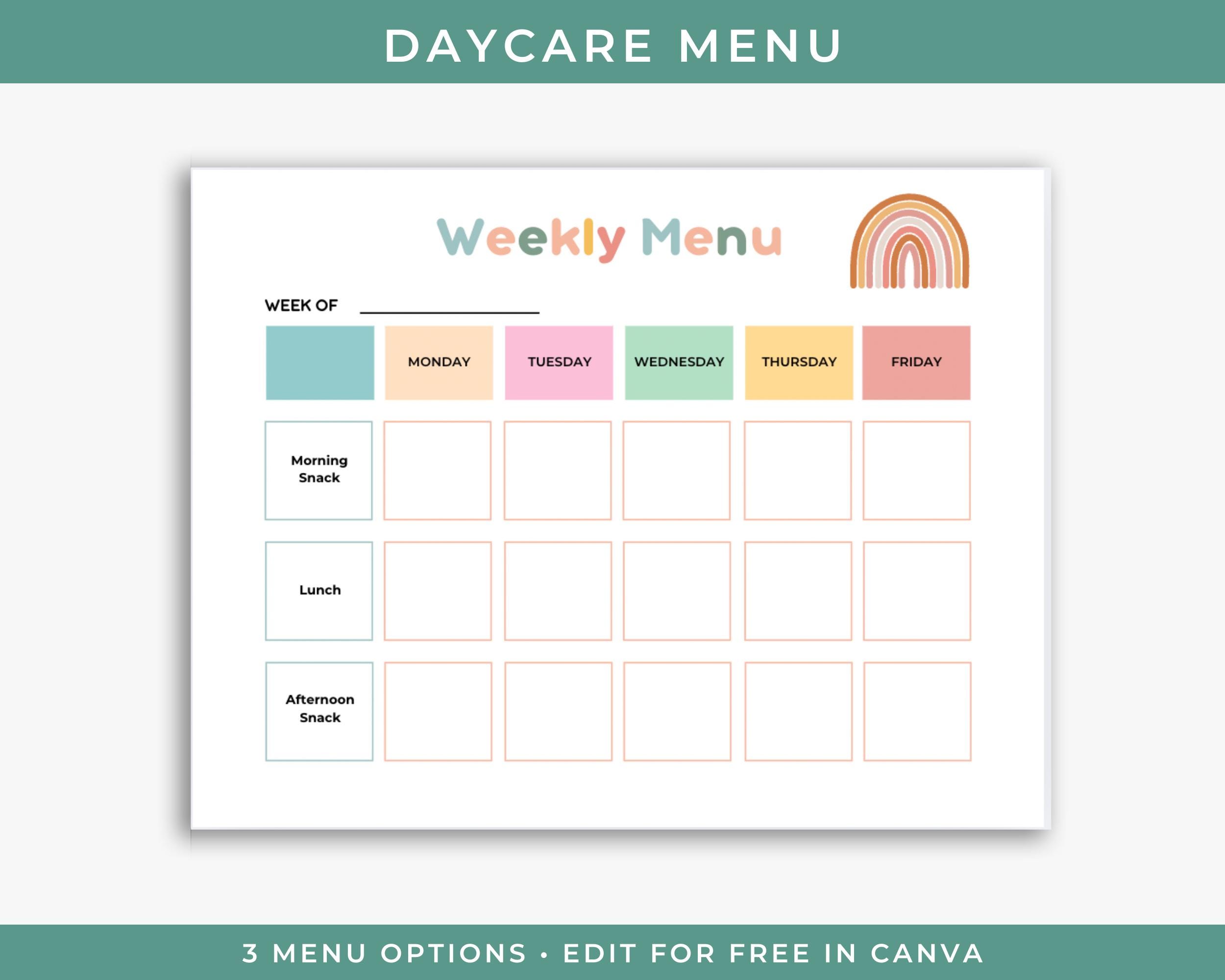 Daycare Weekly Menu Printable, Daycare Meal Menu, Editable Menu ...