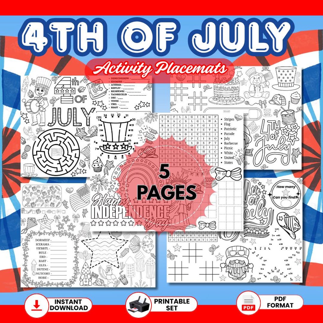 4th of July Printable Activity Placemats for Kids, Patriotic Coloring ...
