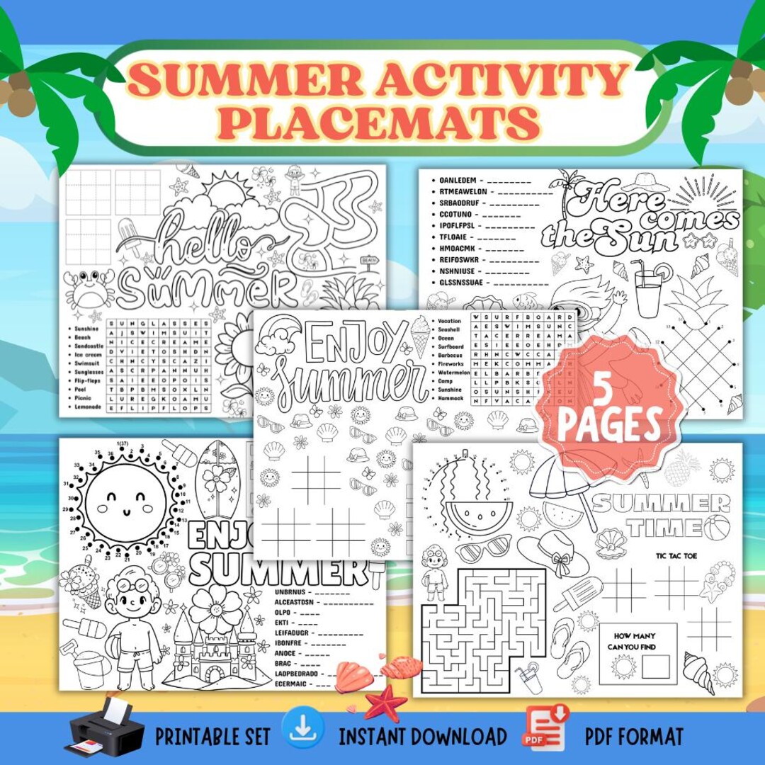 Summer Activity Placemats for Kids – Printable Coloring Games PDF ...