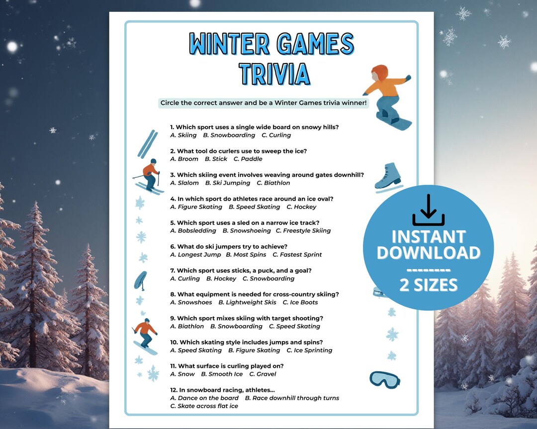 Winter Sports Trivia Game | Snow & Ice Sports Quiz Printable, Kids ...