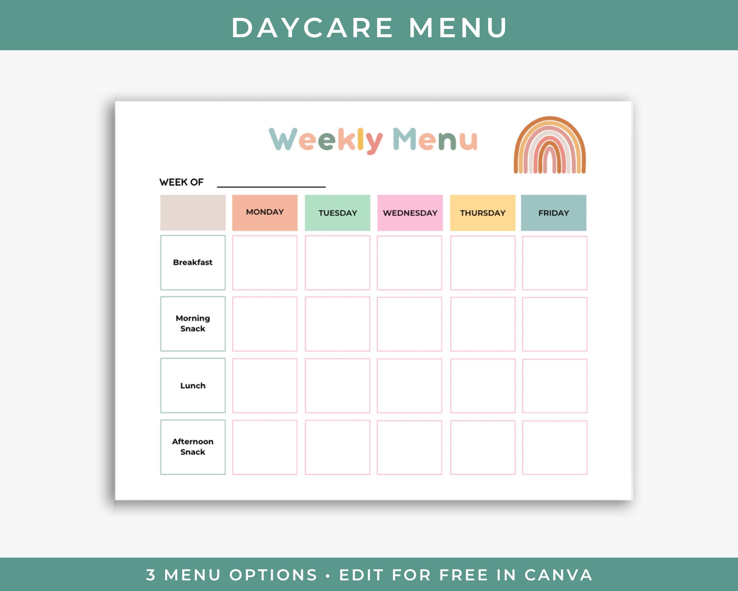 Daycare Weekly Menu Printable, Daycare Meal Menu, Editable Menu ...