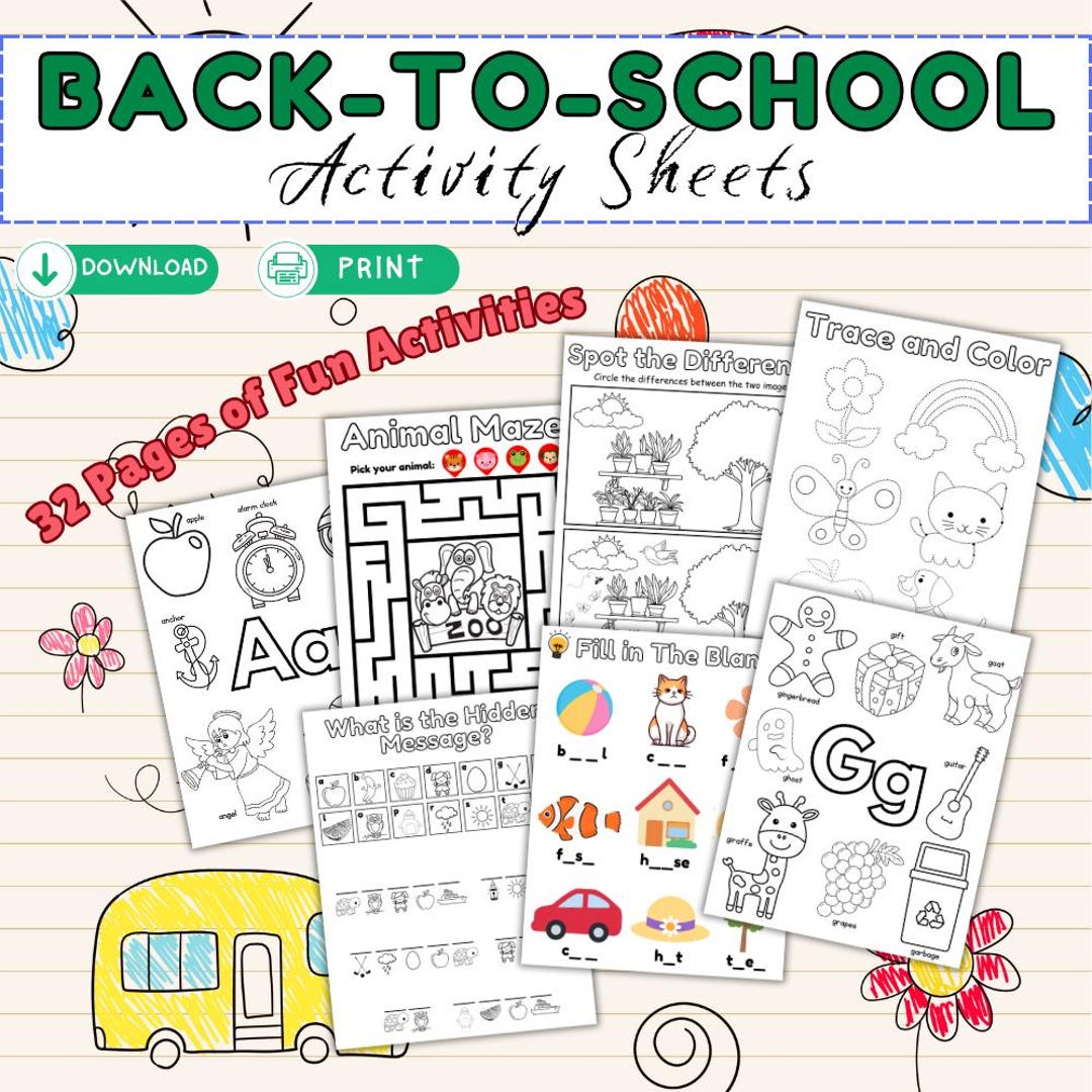Back to School Activity Sheets for Kids Ages 4-7 - 32 Printable Pages ...