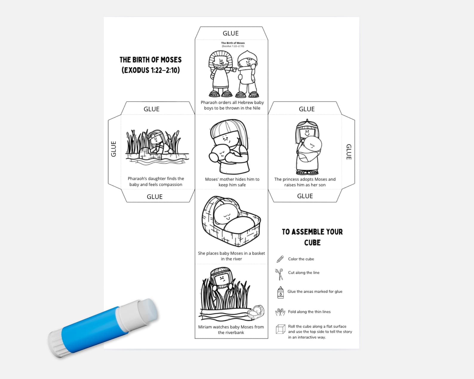 Birth of Moses Coloring Cube Printable | Baby Moses Bible Story Craft ...
