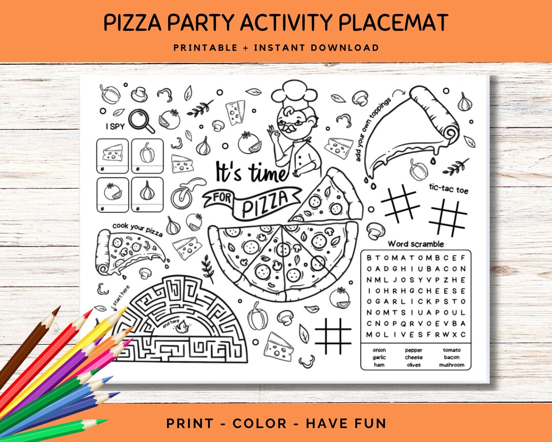 Pizza Party Activity Placemat, Coloring Page Craft for Kids, Coloring ...