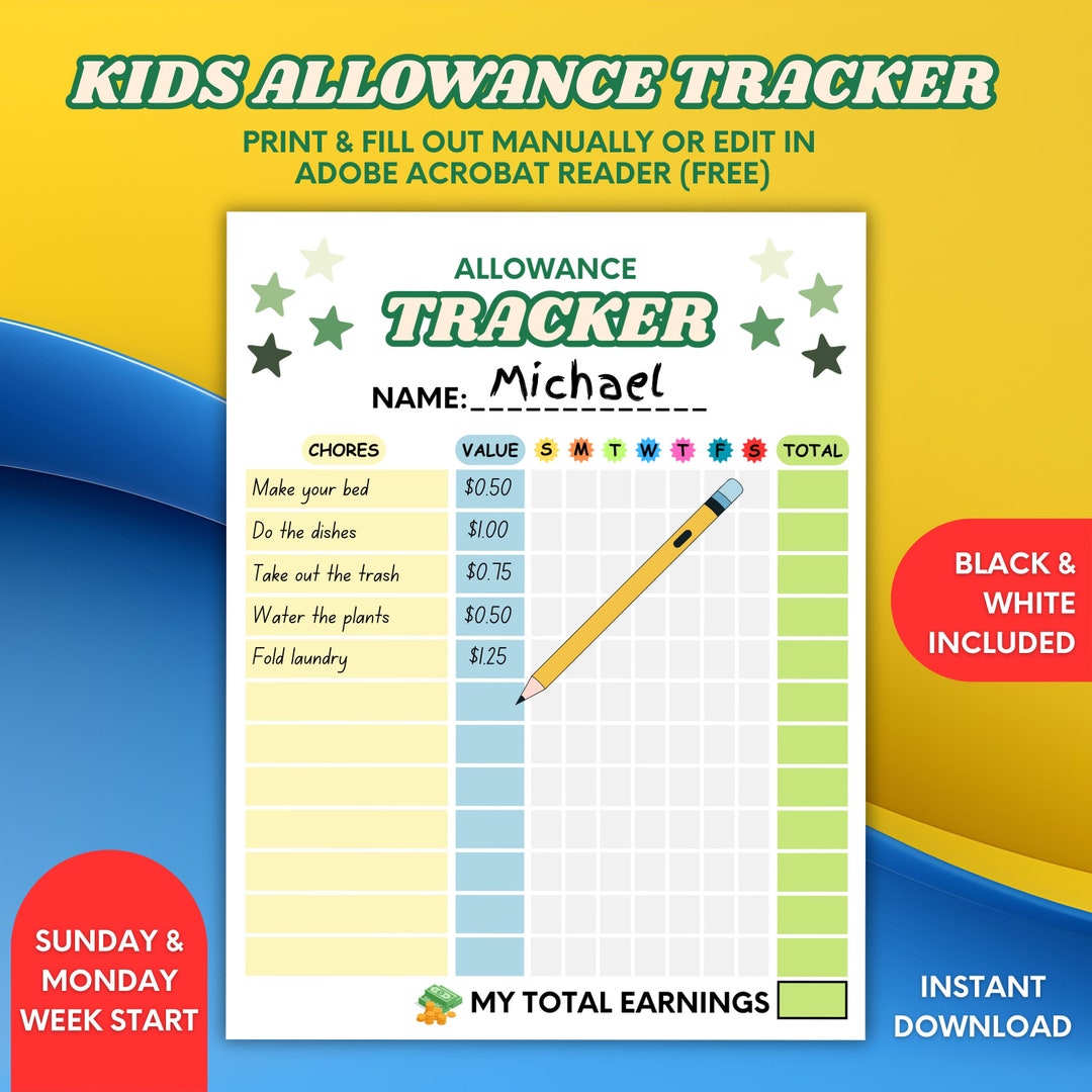 Kids Allowance Tracker. Earn Money Chart, Kids Allowance Chart. Weekly ...