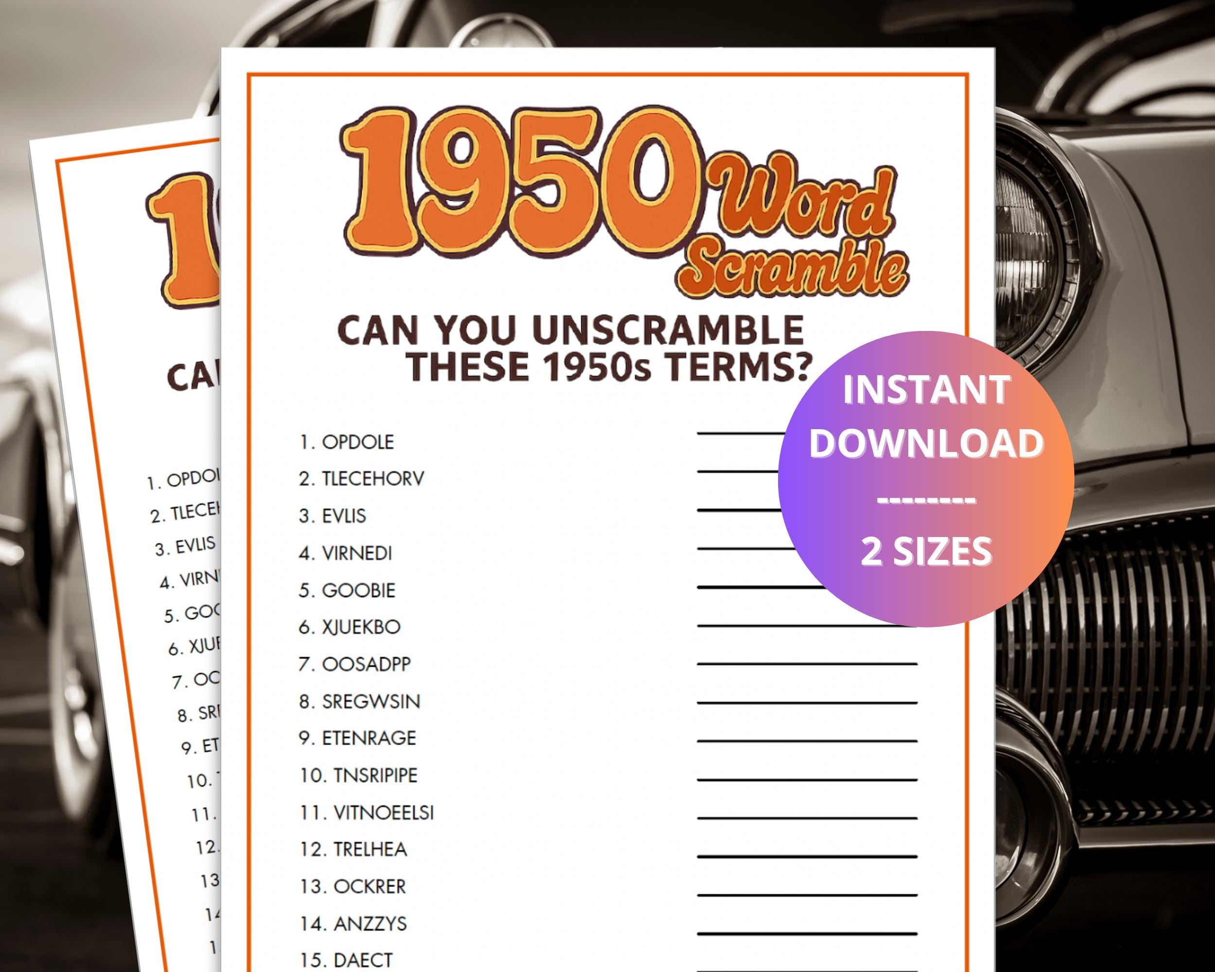 1950s Word Scramble Game Printable, Retro 50s Party Quiz, Baby Shower ...