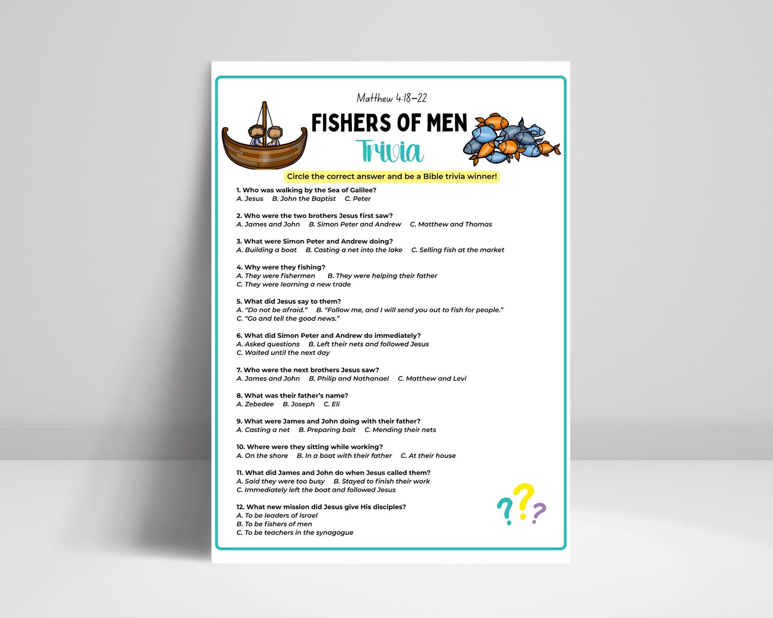 Fishers of Men Bible Trivia Game | Calling of the First Disciples Kids ...