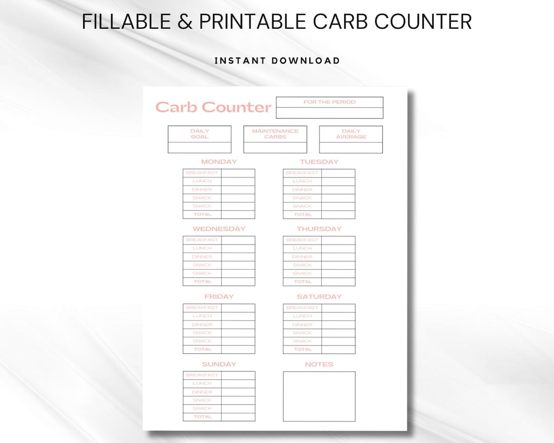 Fillable and Printable Carb Counter PDF: Carbohydrate Tracker, Keto ...