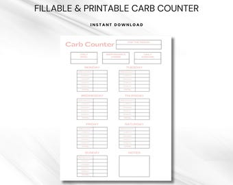 Fillable and Printable Carb Counter PDF: Carbohydrate Tracker, Keto ...