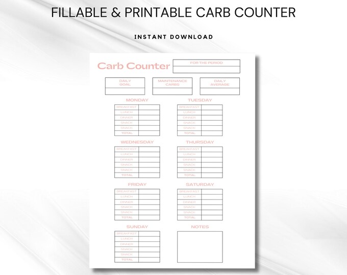 Fillable and Printable Carb Counter PDF: Carbohydrate Tracker, Keto ...