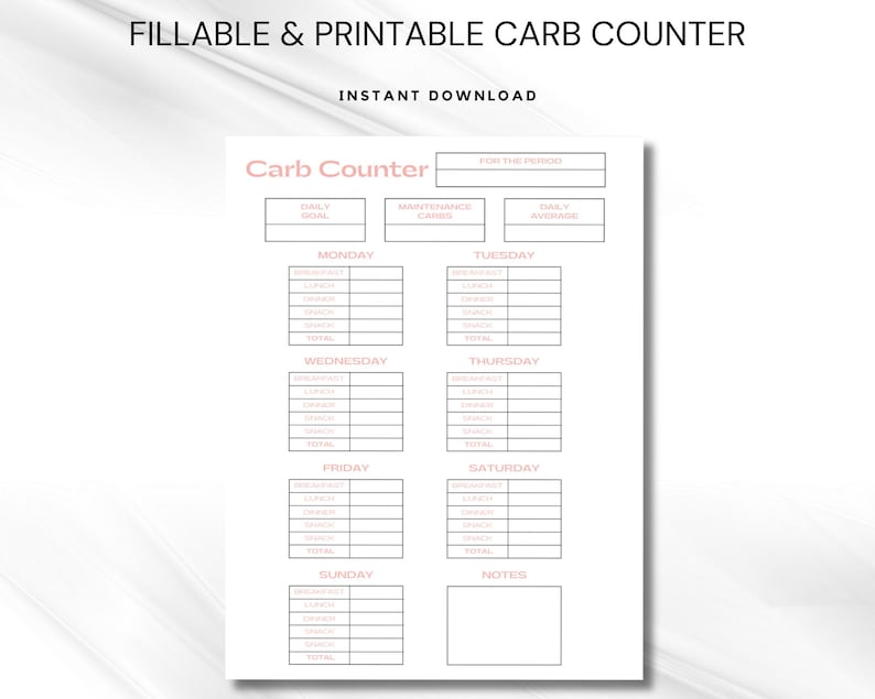 Fillable and Printable Carb Counter PDF: Carbohydrate Tracker, Keto ...