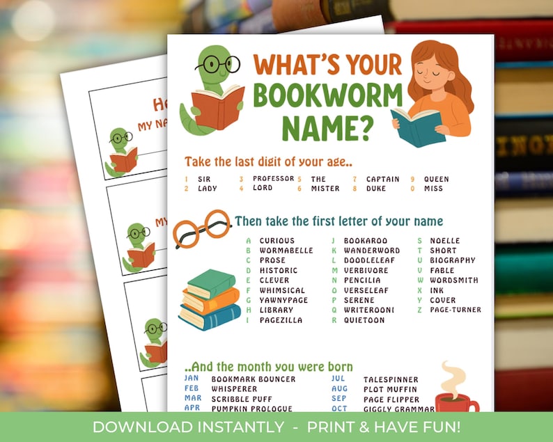 What’s Your Bookworm Name Printable Game, Reading Party Activity for ...