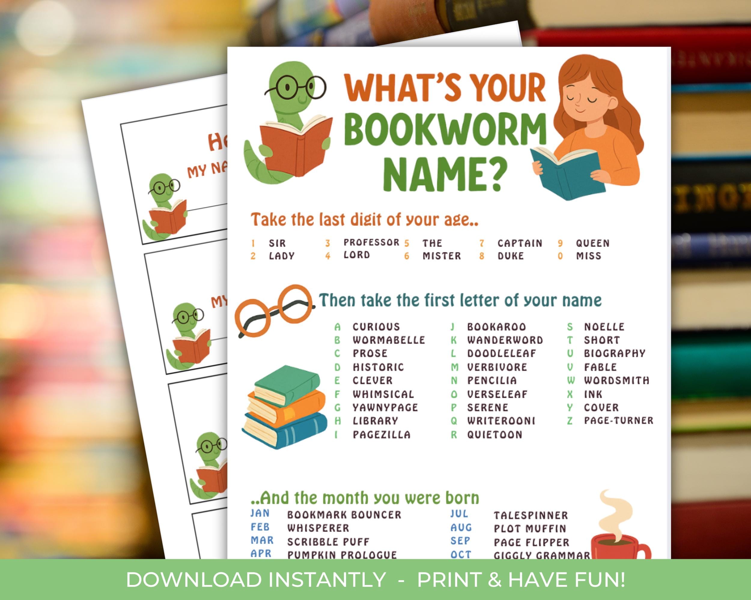 What’s Your Bookworm Name Printable Game, Reading Party Activity for ...