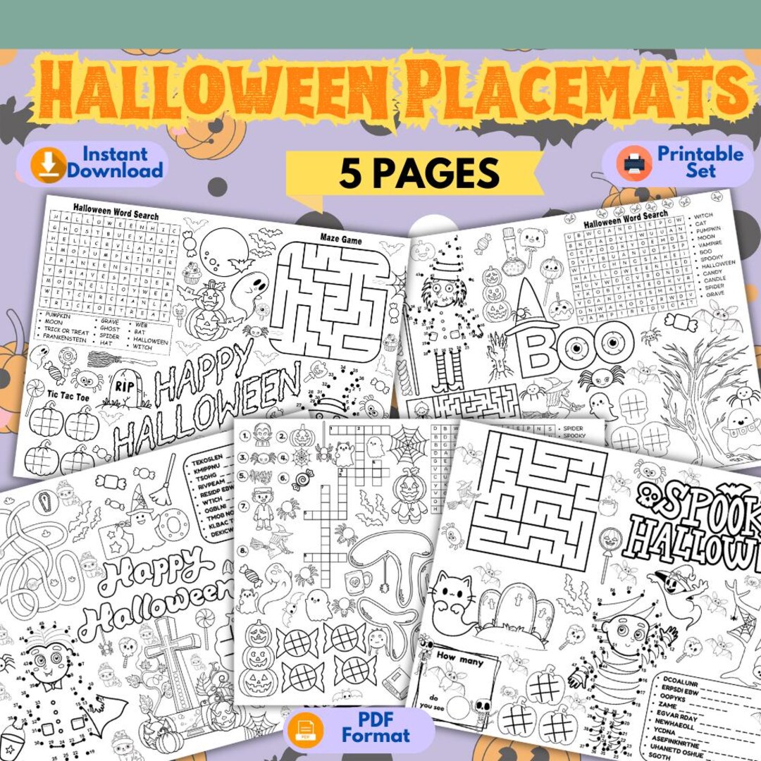 Halloween Activity Placemats for Kids With Word Search, Coloring, Mazes ...