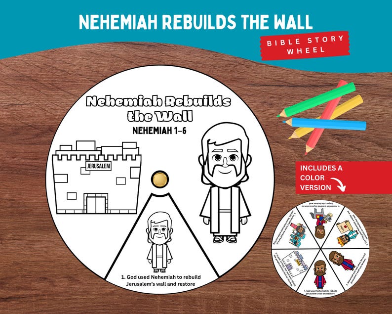 Nehemiah Rebuilds the Wall Coloring Wheel, Nehemiah Bible Story for ...
