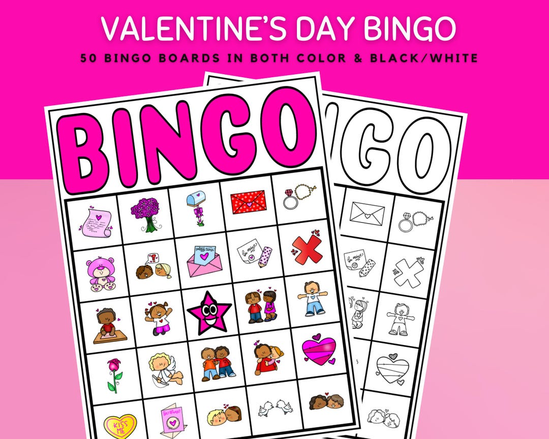 Valentine's Day Bingo, 50 Valentine Bingo Cards, Valentine Picture ...