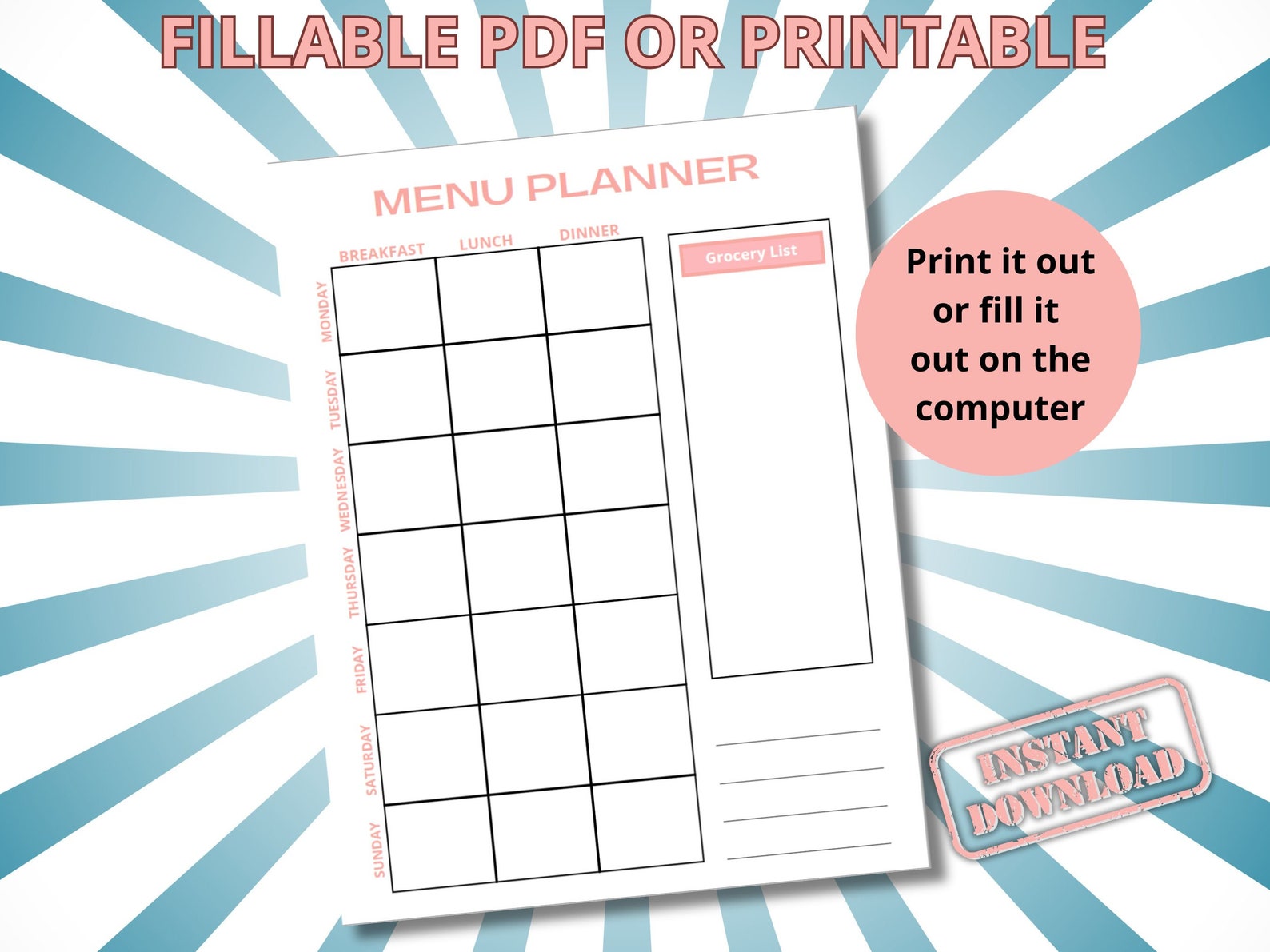 Printable Fillable Menu Planner for the Week - Meal Planning Printable ...