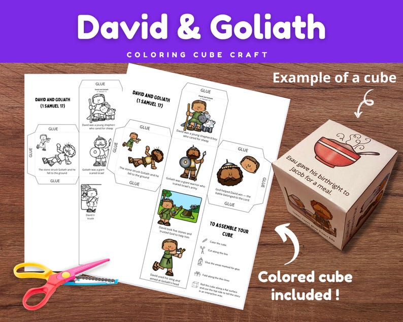 David and Goliath Coloring Cube Printable | 1 Samuel 17 Bible Story for ...