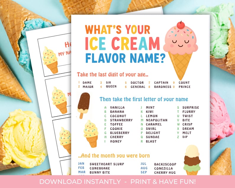 Ice Cream Name Game & Name Tags Printable, Summer Party Activity for ...