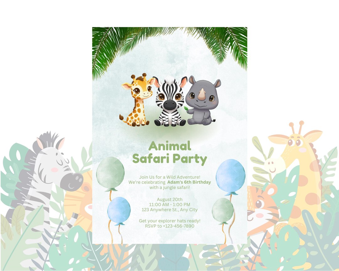 Editable Safari Animals Birthday Invitation | Printable Canva Template ...