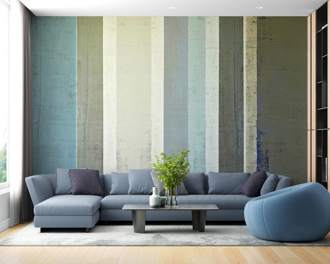 Modern Striped Textured Wallpaper - Blue and Neutral Tones - Etsy