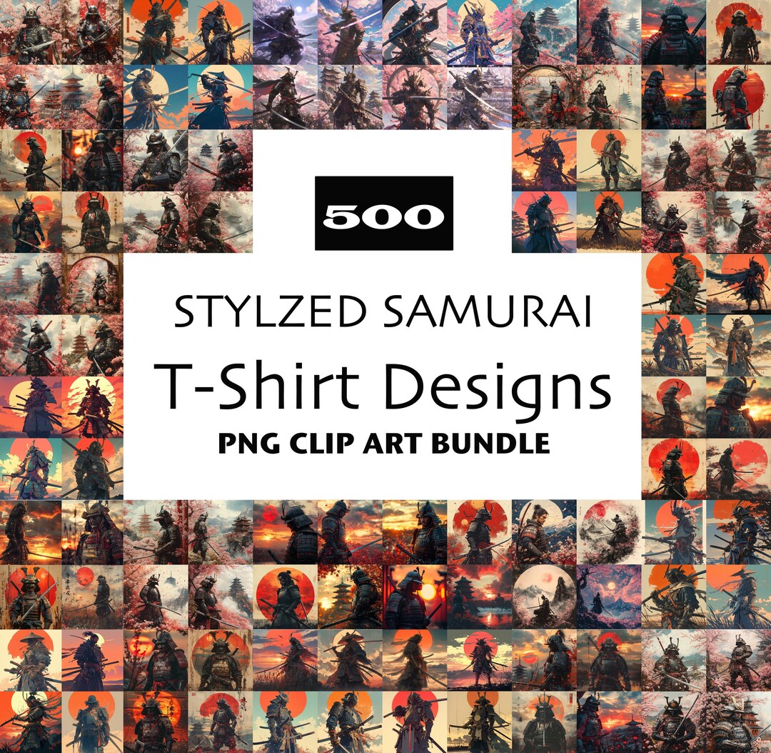 Stylized Samurai T-shirt Design Bundle PNG Files Custom Apparel and DIY ...