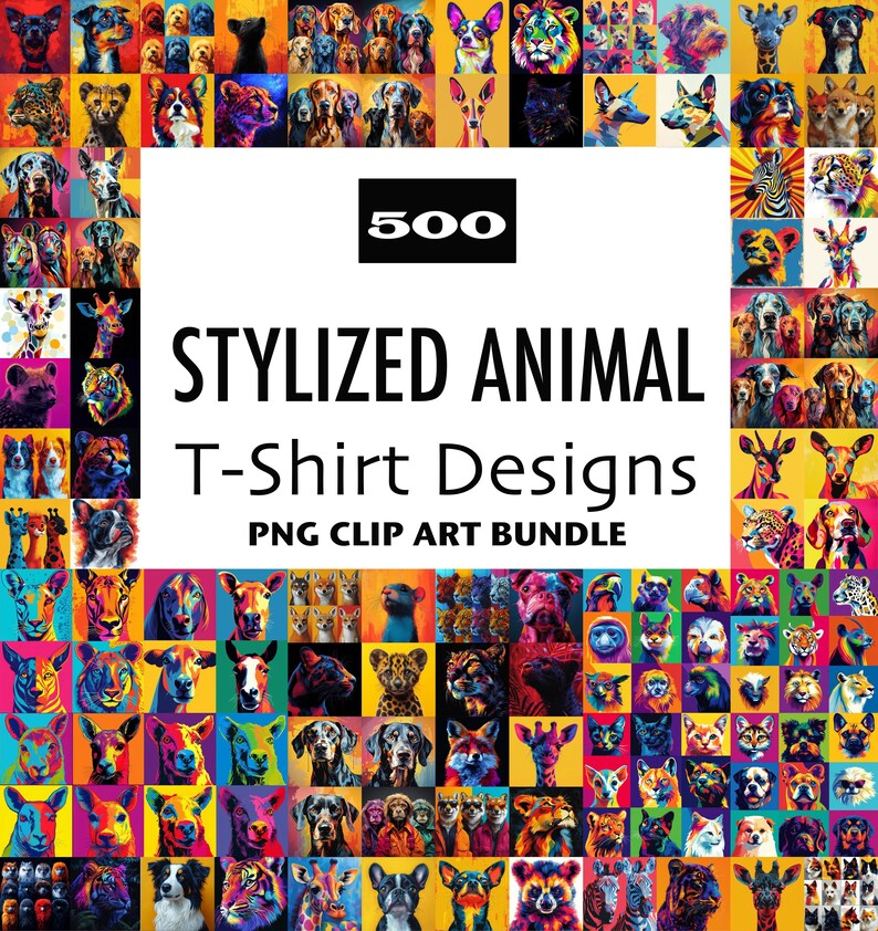 Stylized Animal Art T-shirt Design Bundle PNG Files Custom Apparel and ...