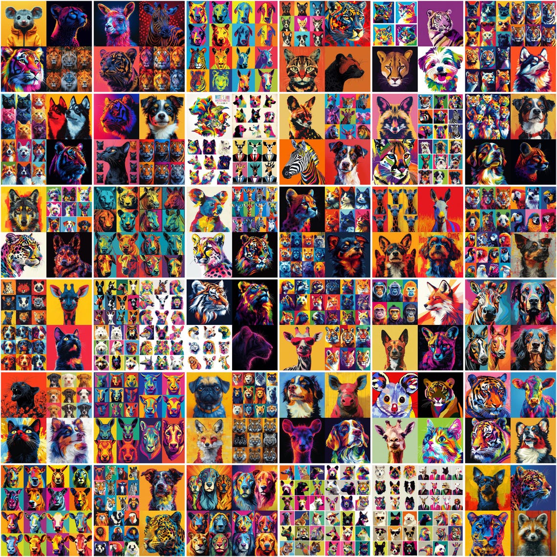 Stylized Animal Art T-shirt Design Bundle PNG Files Custom Apparel and ...