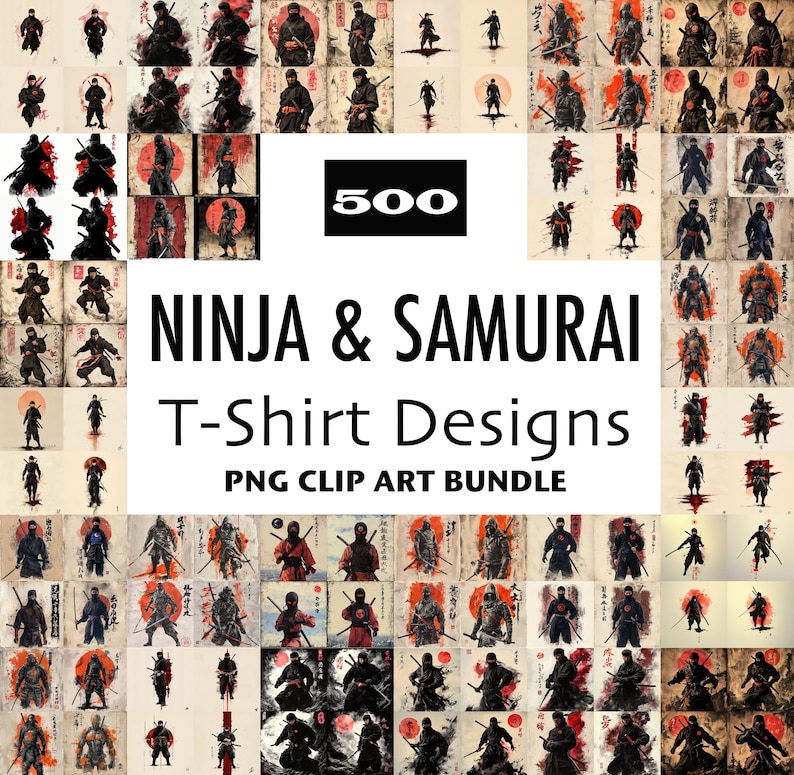 Ninja & Samurai Art Designs, T-shirt Clipart Bundle (PNG Files) - Etsy