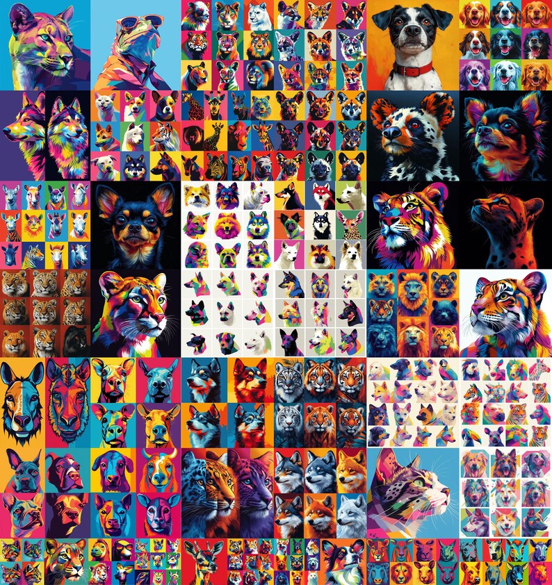 Stylized Animal Art T-shirt Design Bundle PNG Files Custom Apparel and ...