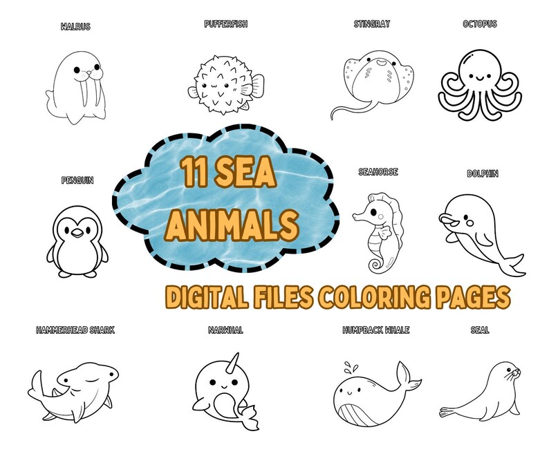 Simple Sea Animals Digital Printable Coloring Book for Kids - Etsy