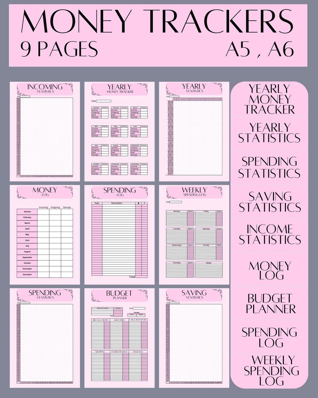 A5, A6 - Money Tracker and Budget Planner Pages, Pink Budget Planner ...