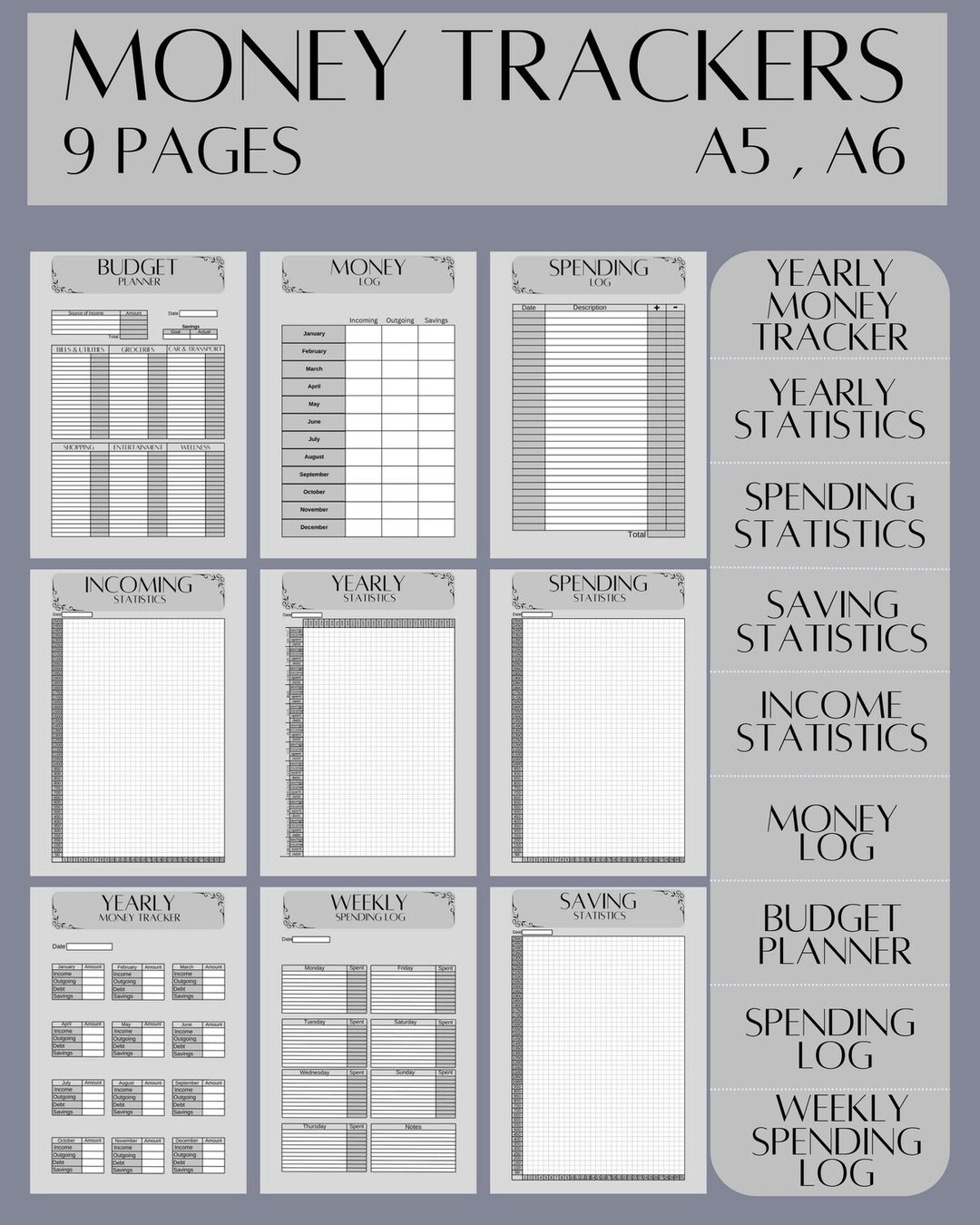 A5, A6 - Money Tracker and Budget Planner Pages, Grey Budget Planner ...
