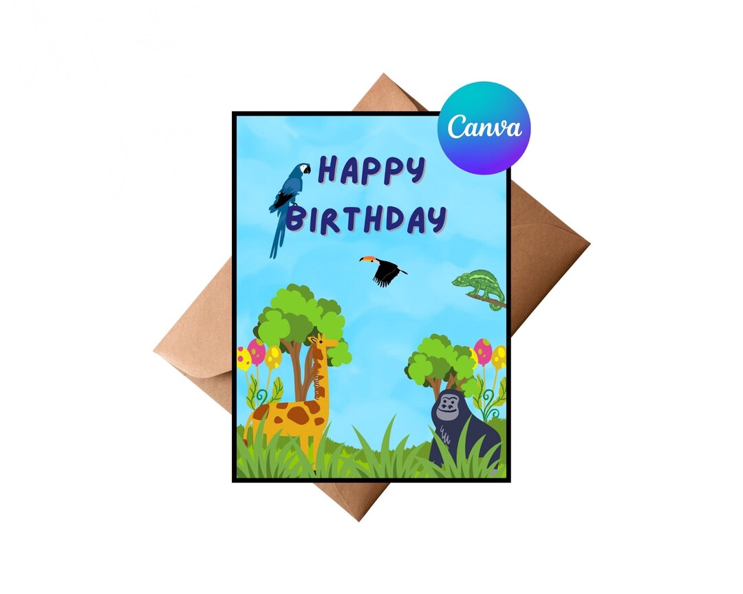 Jungle Birthday Card Editable Digital Template With Giraffe, Gorilla ...