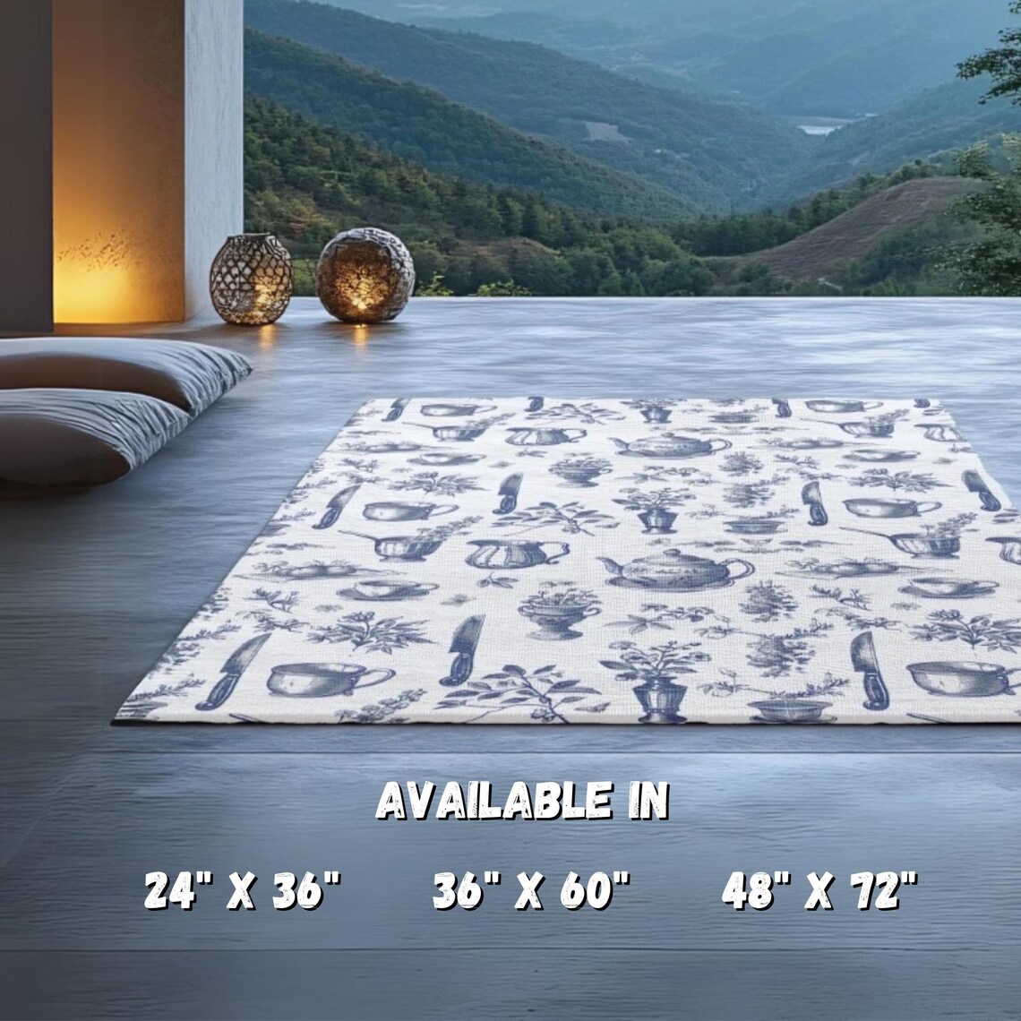 Blue Toile Area Rug Floral Modern Home Decor Rug for Patio Outdoor ...
