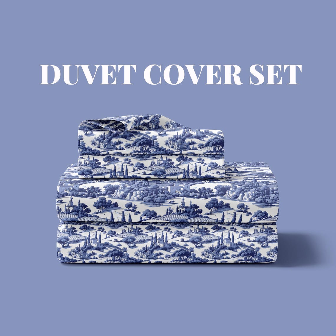 Duvet Cover Set Blue Toile Bedding New Homeowner Gifts Queen Bed Sheets ...
