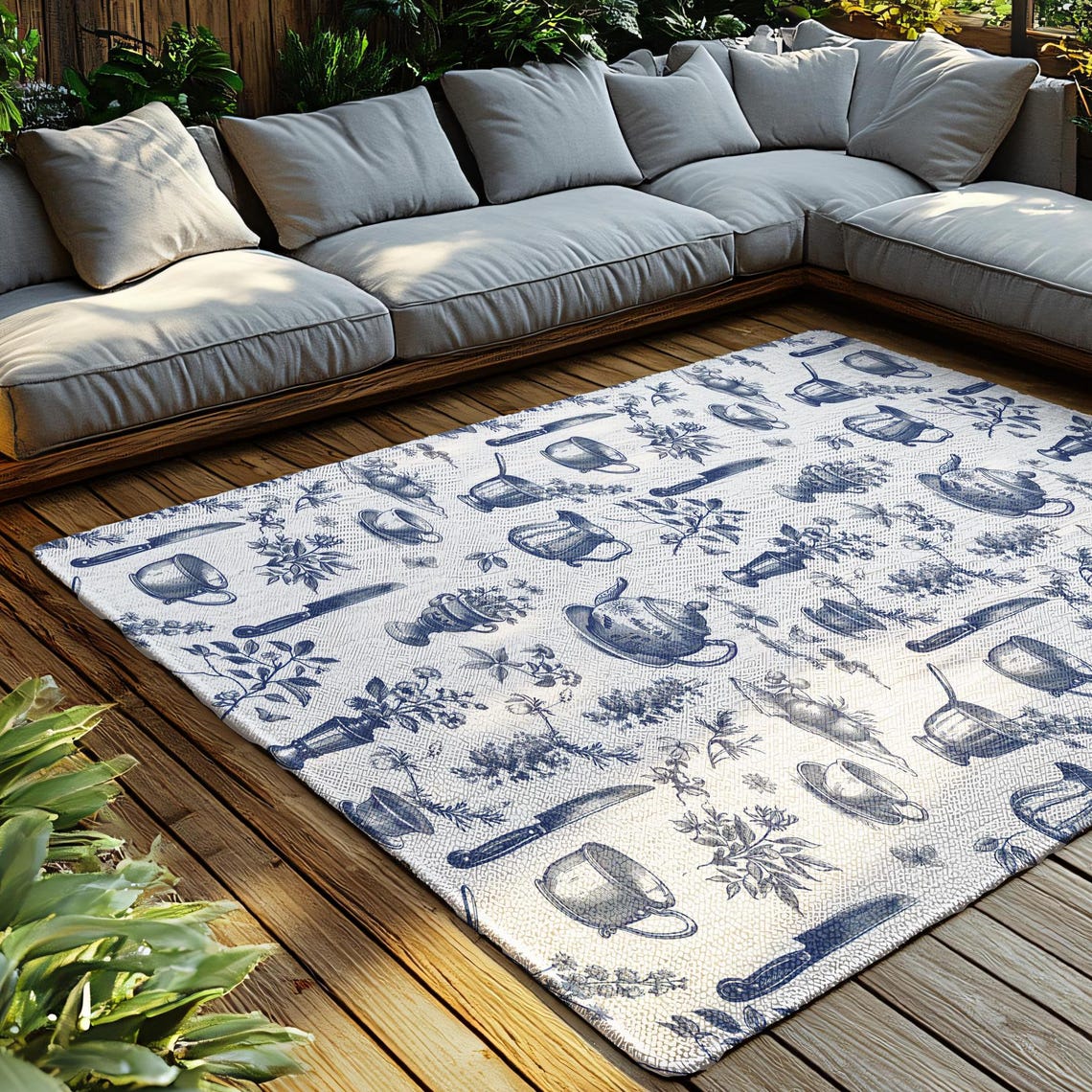 Blue Toile Area Rug Floral Modern Home Decor Rug for Patio Outdoor ...