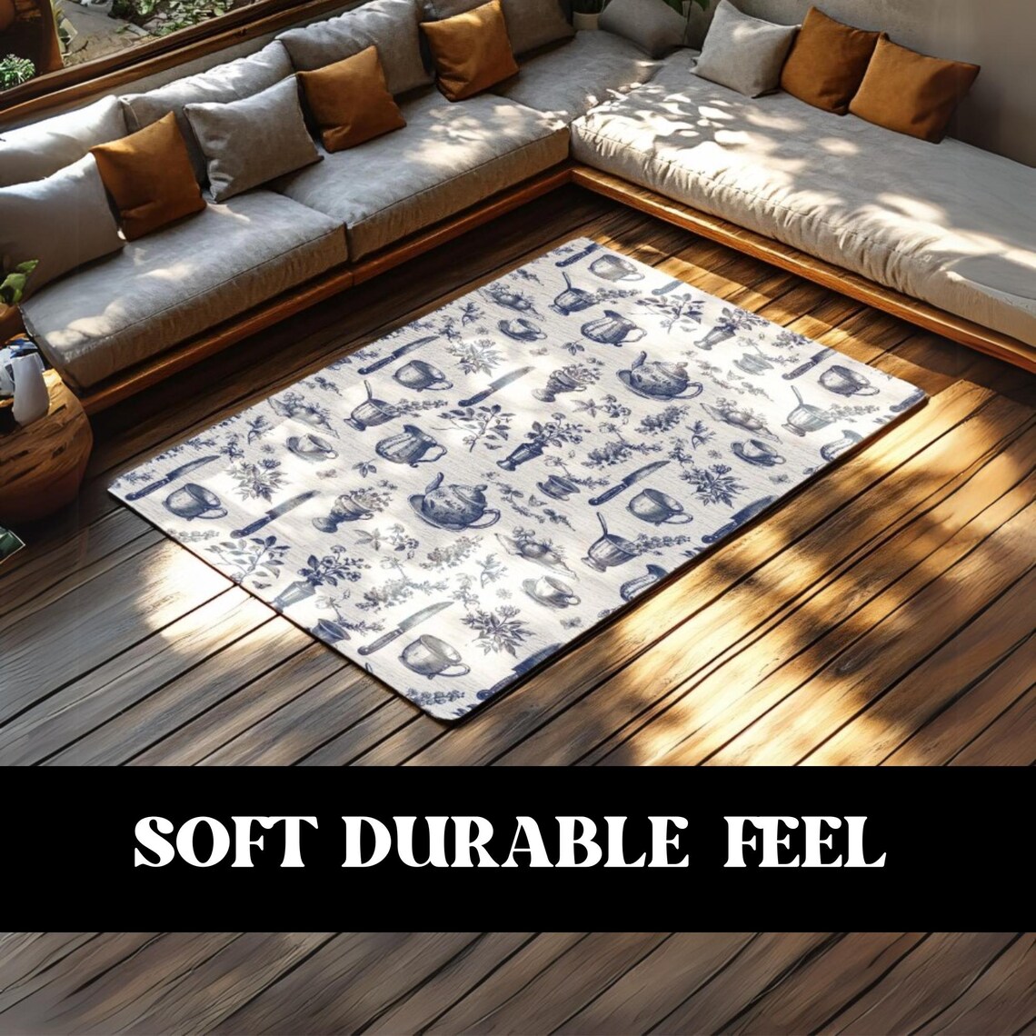 Blue Toile Area Rug Floral Modern Home Decor Rug for Patio Outdoor ...