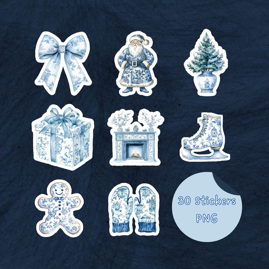 Digital Christmas Toile Stickers Png Blue Chinoiserie Christmas Clip ...