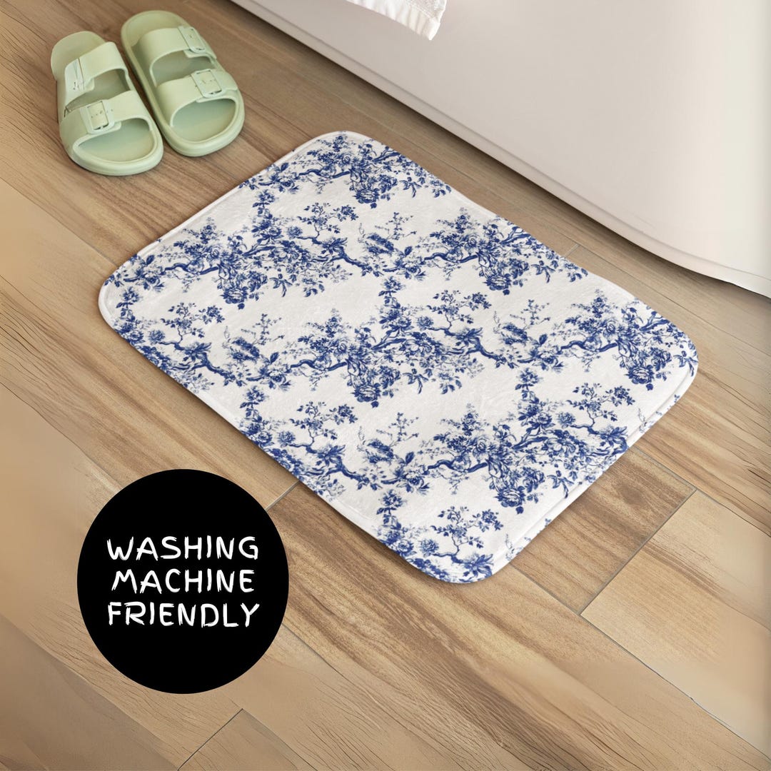 Blue Floral Bath Mat Botanical Anti Slip Mat Blue Toile De Jouy ...