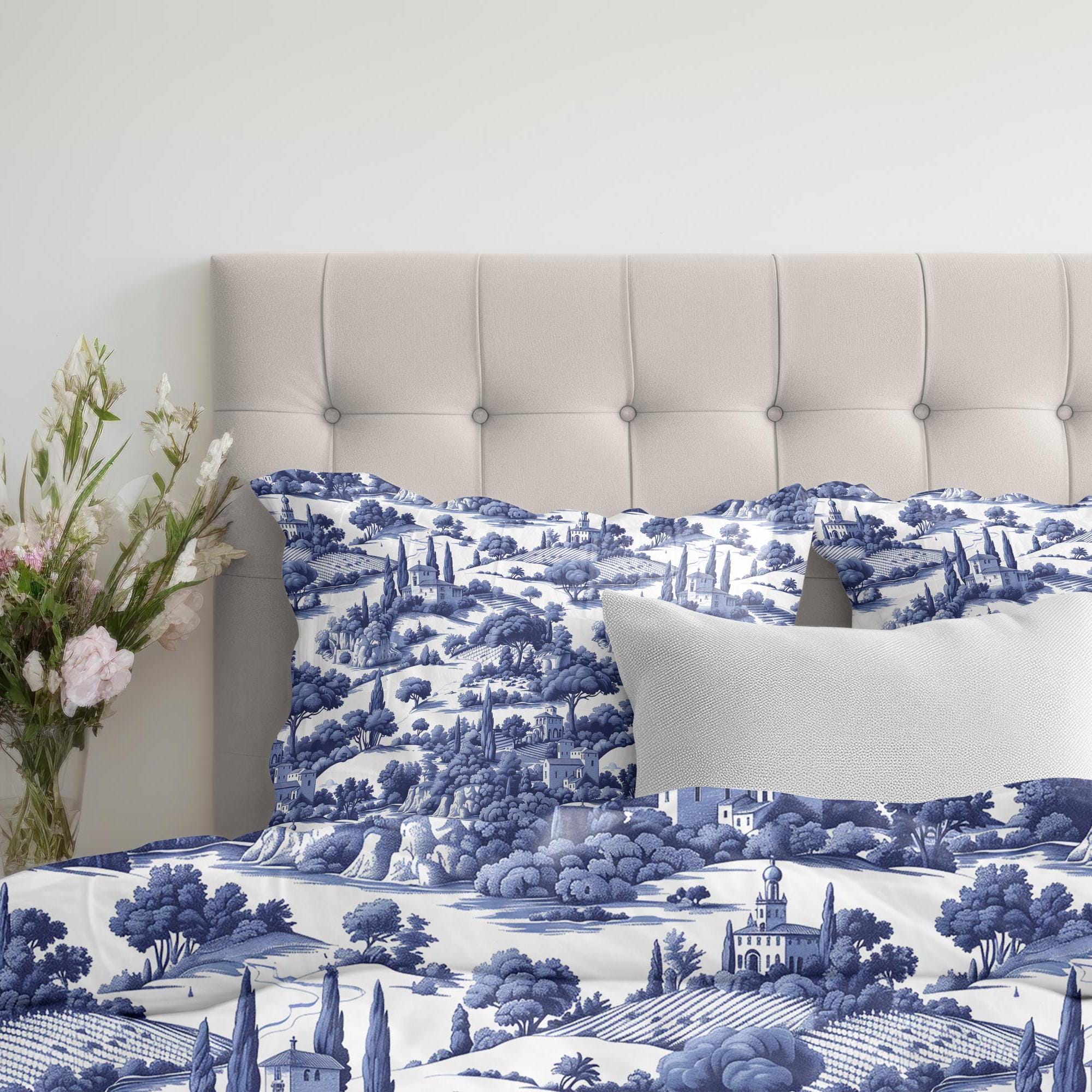 Duvet Cover Set Blue Toile Bedding New Homeowner Gifts Queen Bed Sheets ...