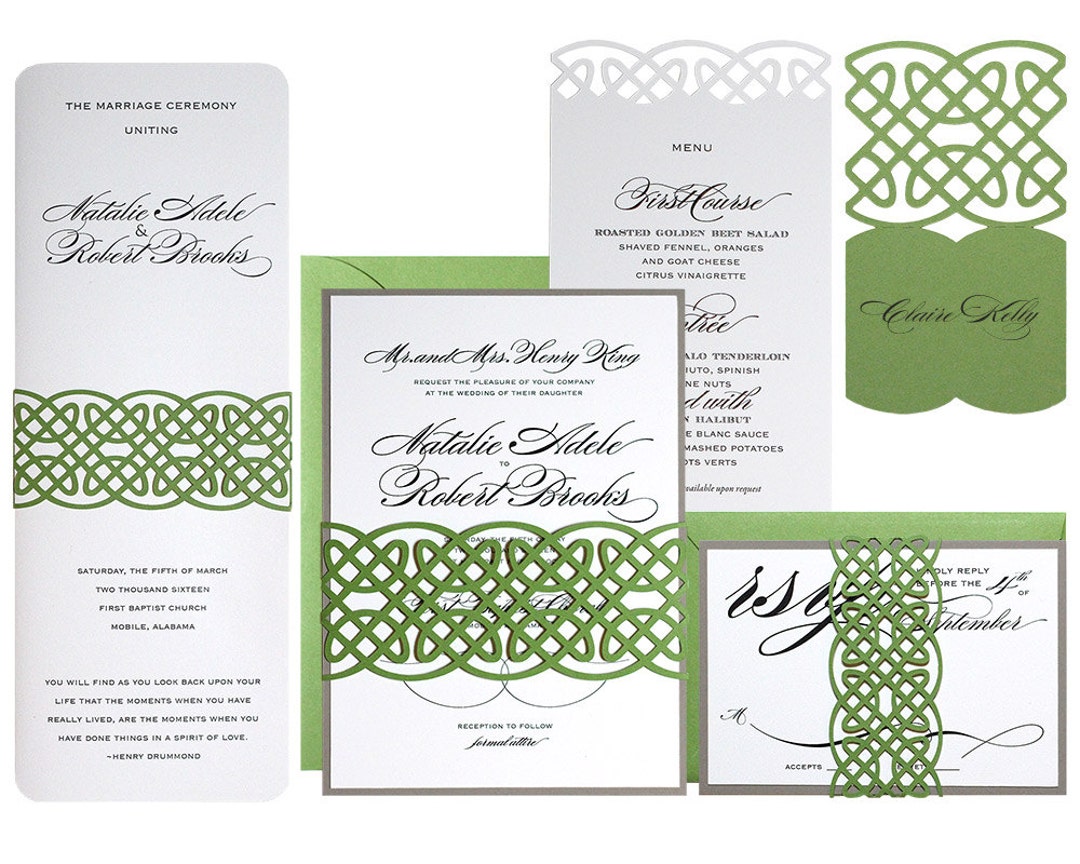 Celtic Knot Wedding Invitations - Clover Green, Gravel Gray, Wedding ...