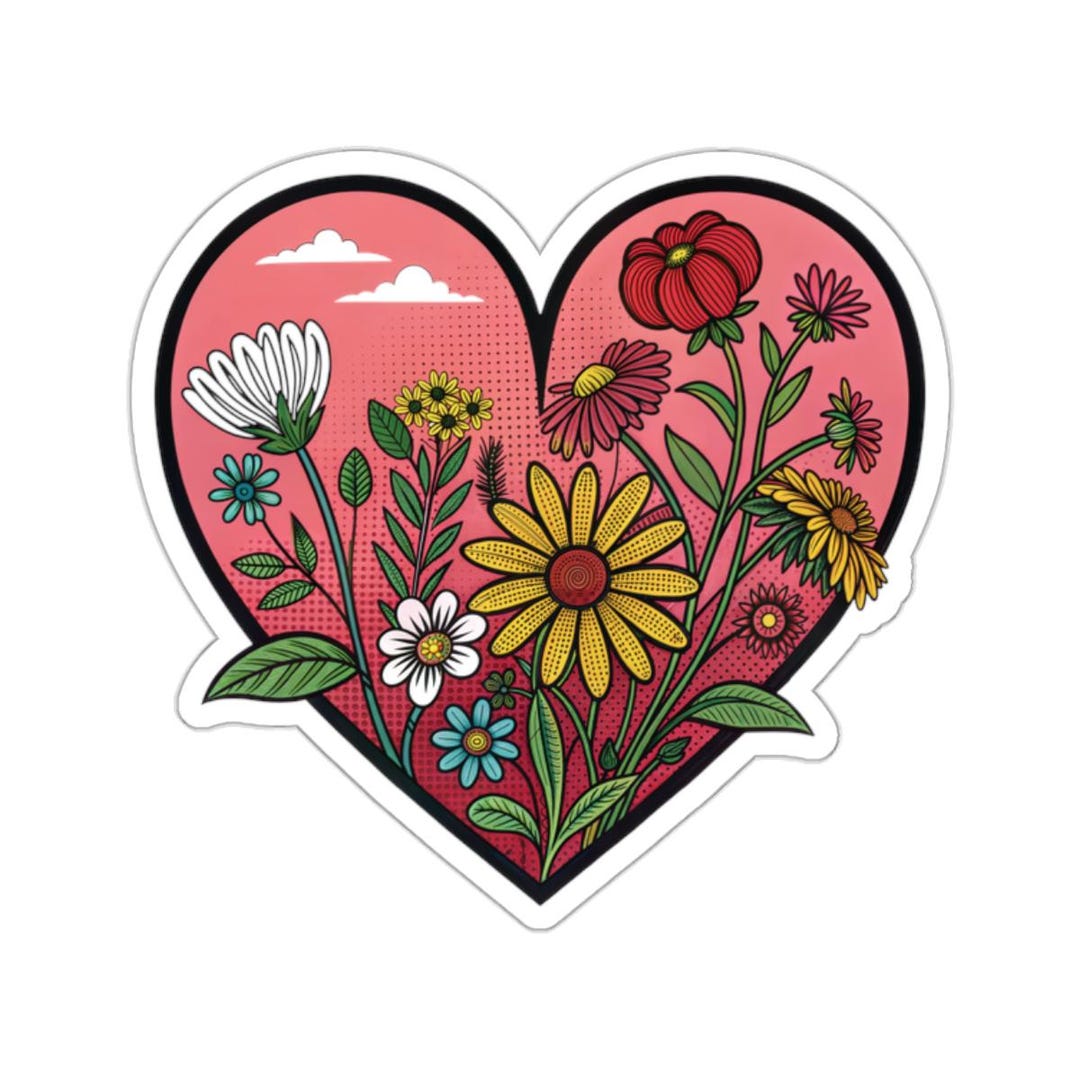 Pink Heart Wildflower Kiss-cut Stickers, Valentine's Day Decals, Floral ...